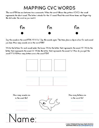CVC Word Mapping - FIN Worksheet | PrimaryLearning.Org