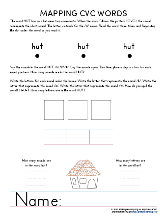 CVC Word Mapping - HUT Worksheet | PrimaryLearning.Org