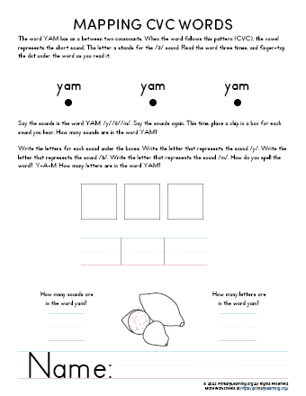 CVC Word Mapping - YAM Worksheet | PrimaryLearning.Org