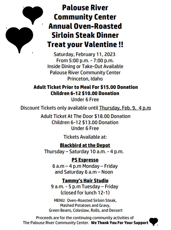 Annual Palouse River Community Center Steak Dinner Fundraiser Saturday ...