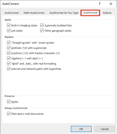 How to disable automatic formatting options in Microsoft Word ...