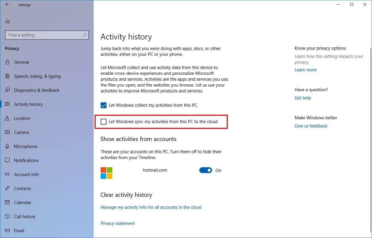 How to stop syncing Timeline activities to the cloud on Windows 10 ...