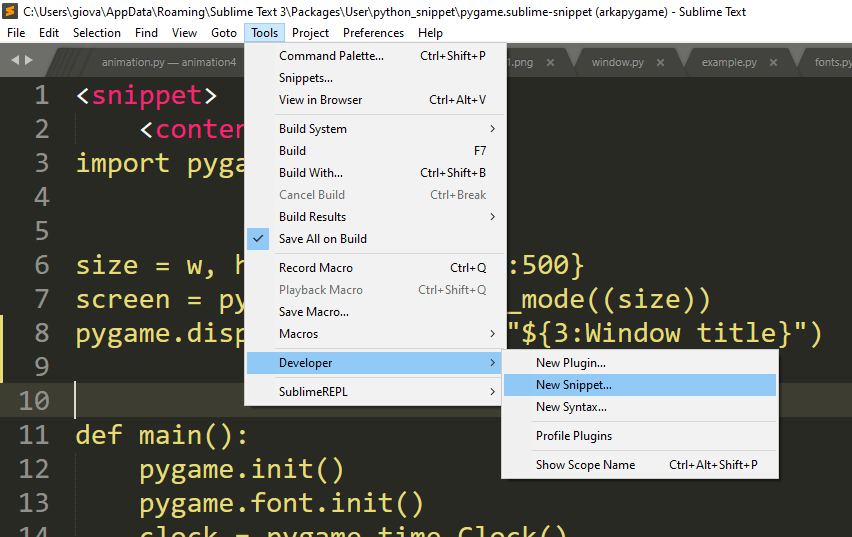 How to use Snippets in Sublime Text for Python or Pygame | python programming