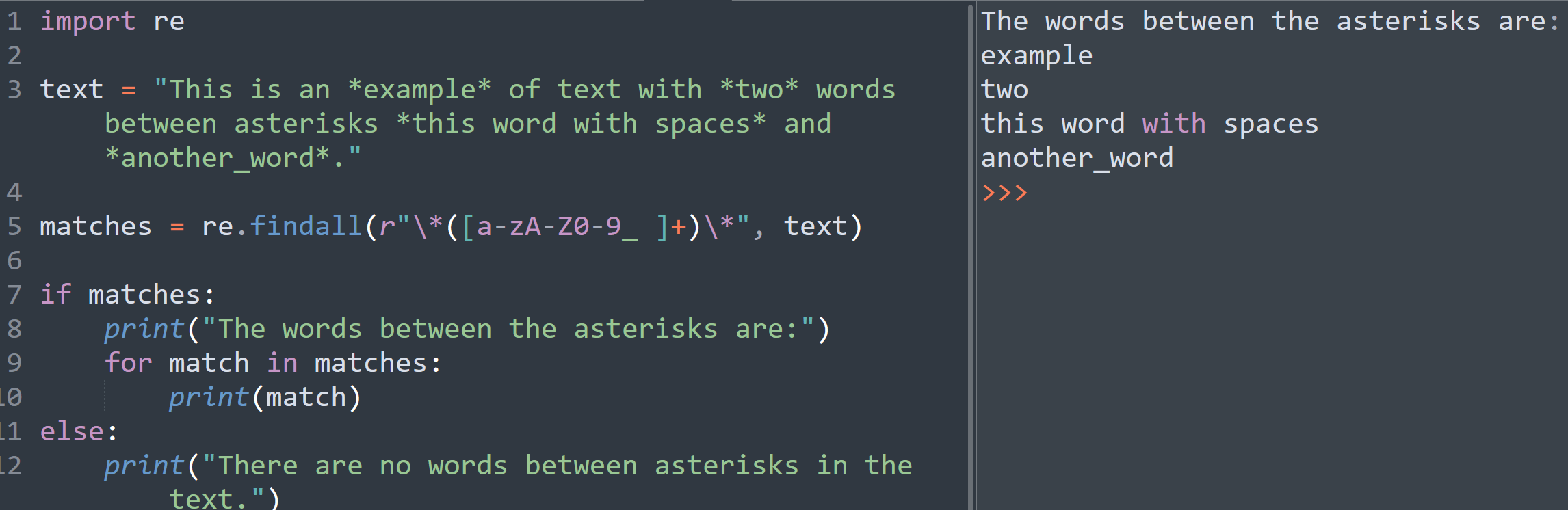 How to find words surrounded by asteriscs in a text with python and regex – python programming