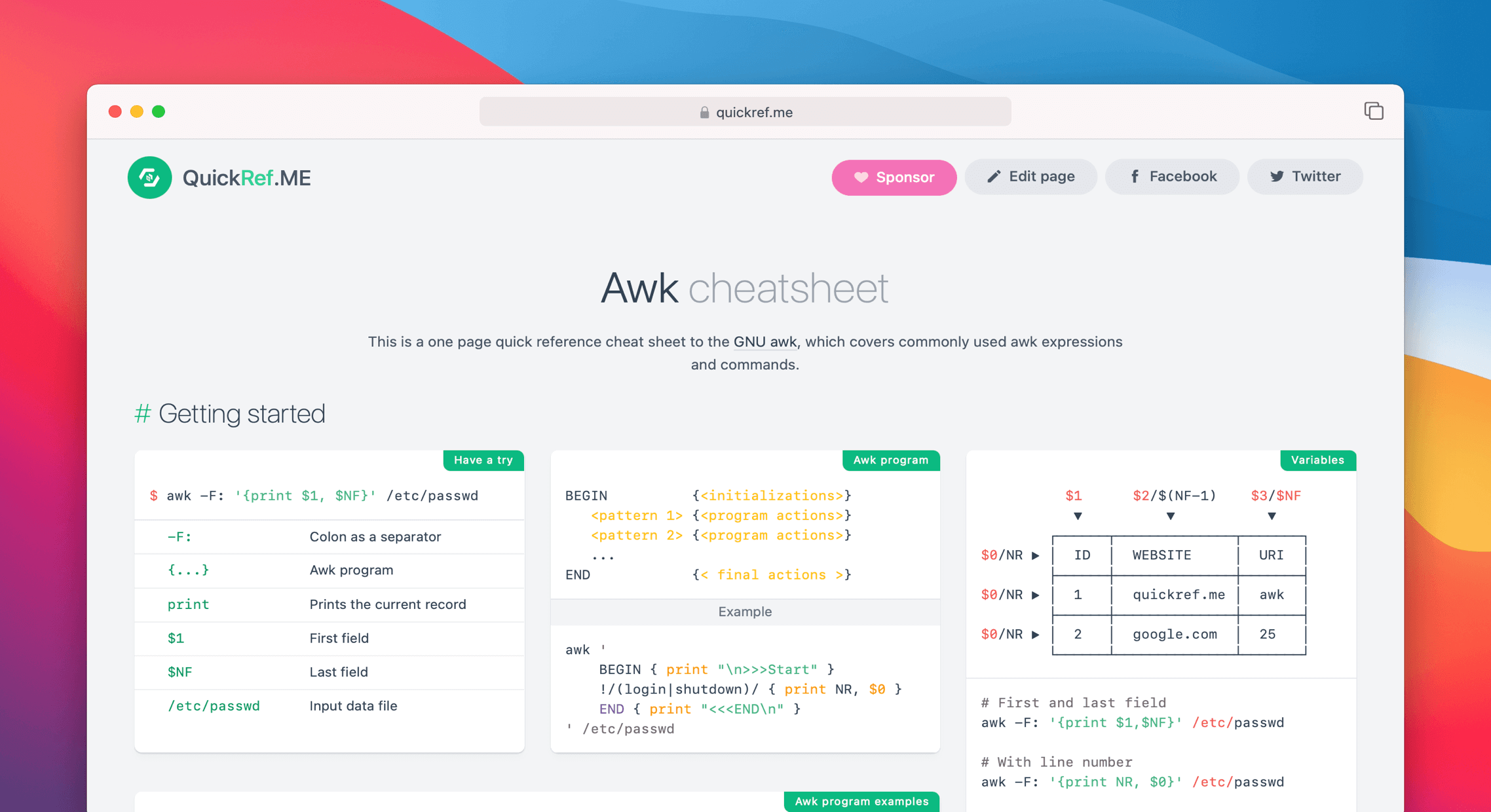 Awk Command Cheat Sheet Quick Reference