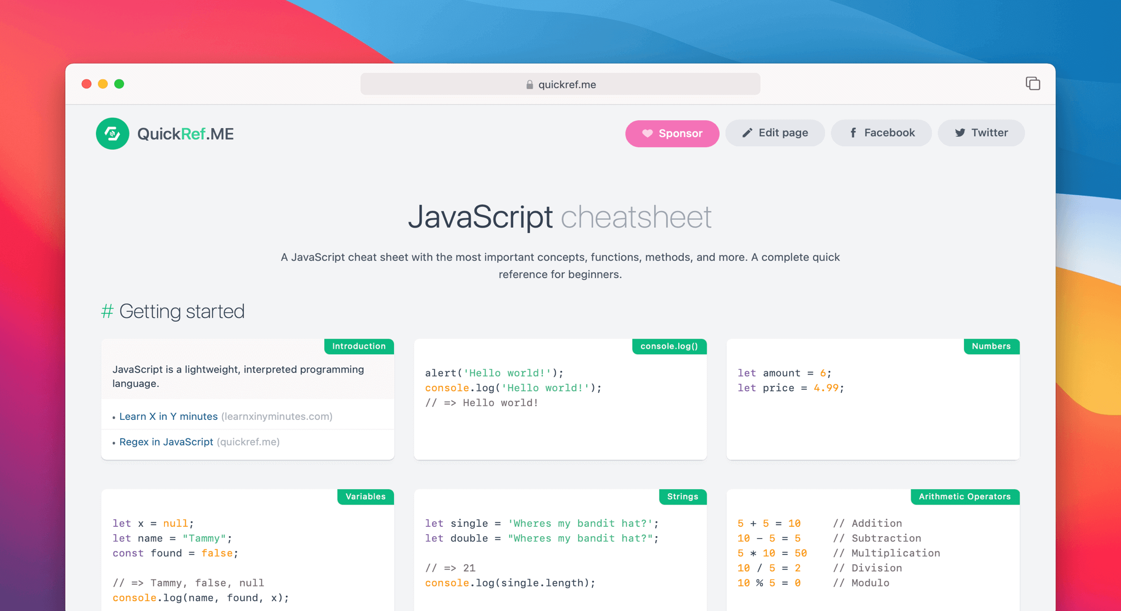Javascript Cheat Sheet Reference Quickref Me