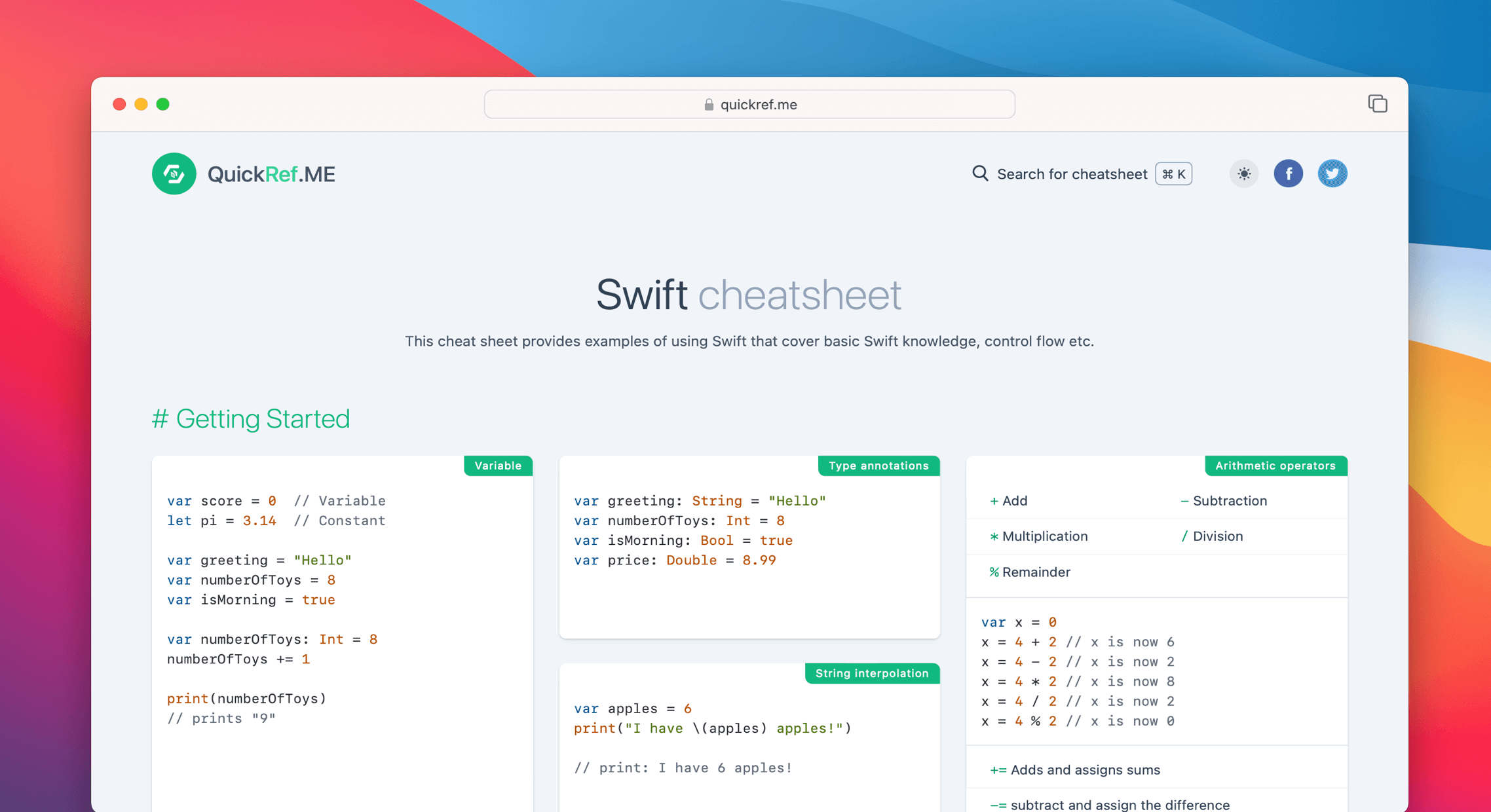 Swift Cheat Sheet Quick Reference