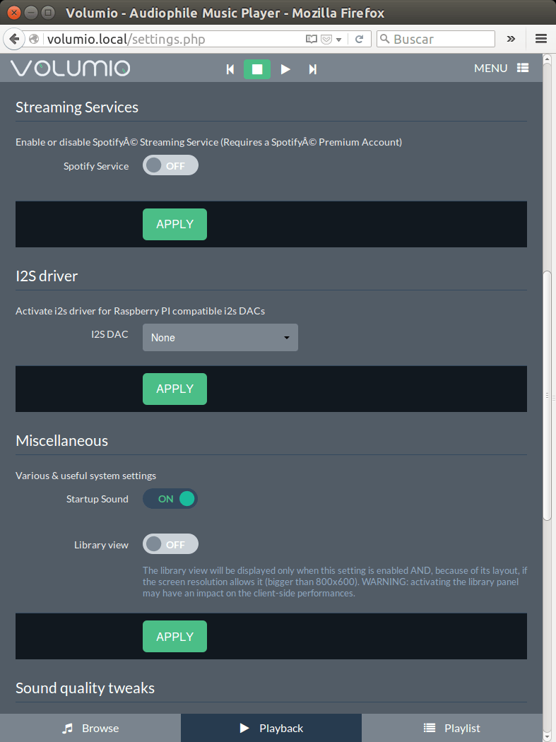 Probando Volumio reproductor de audio controlable vía web