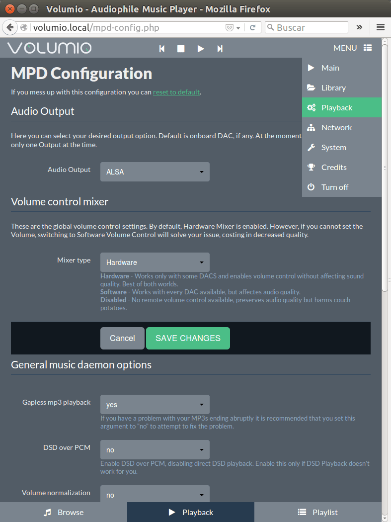 Probando Volumio reproductor de audio controlable vía web