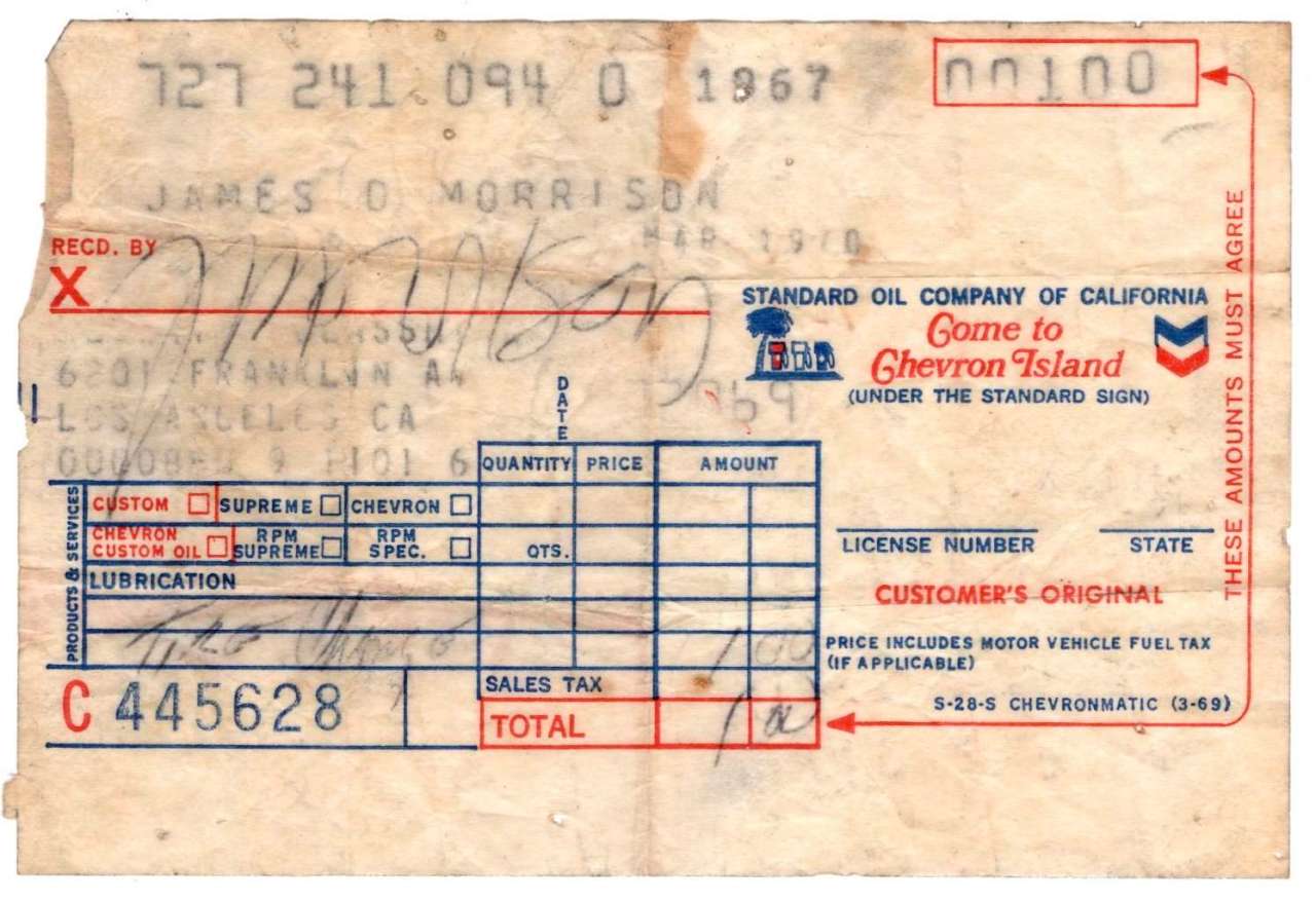 Jim Morrison – Signed Service Station Receipt, with ‘James D. Morrison ...