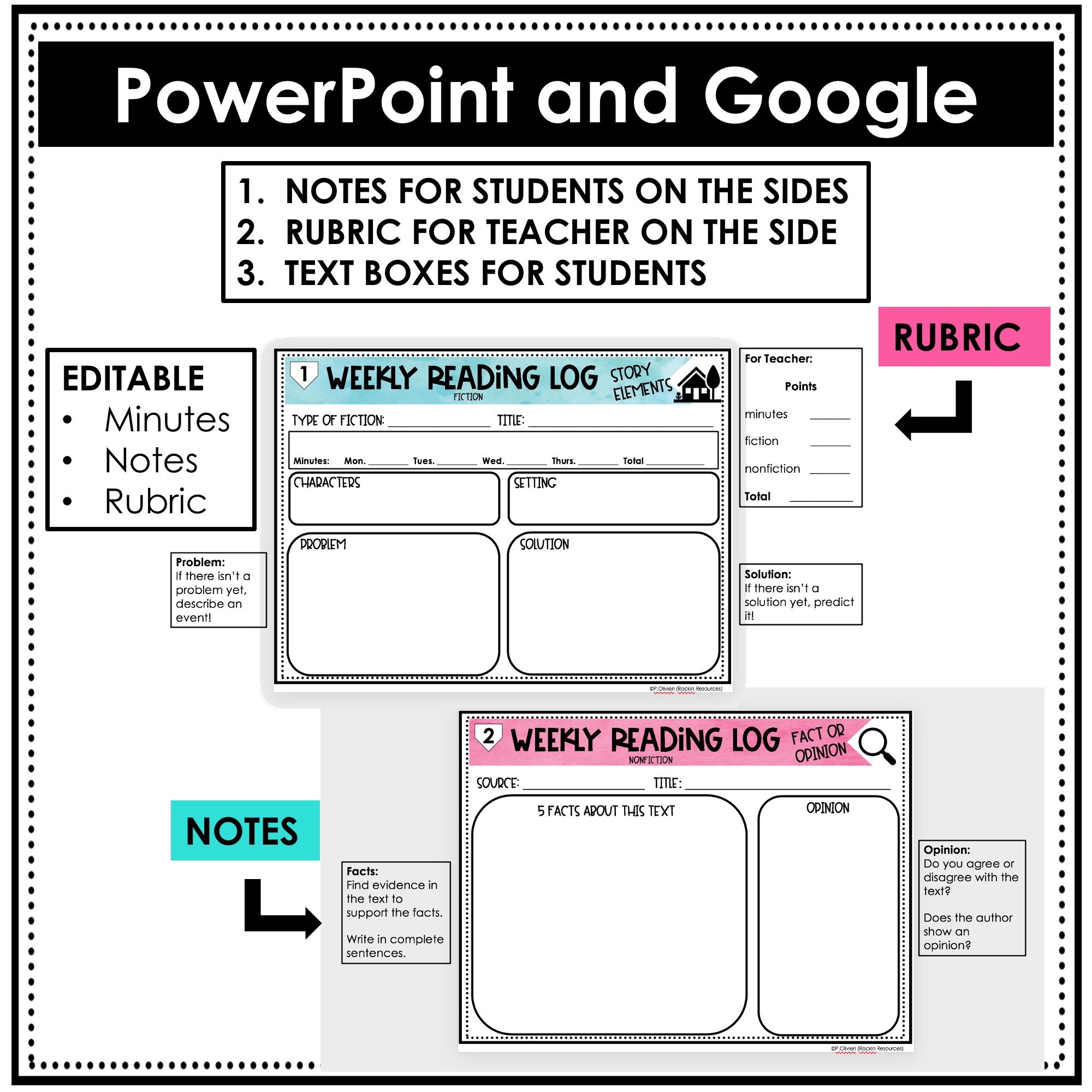 Editable Weekly Reading Log - Fiction and Non Fiction - Rockin Resources