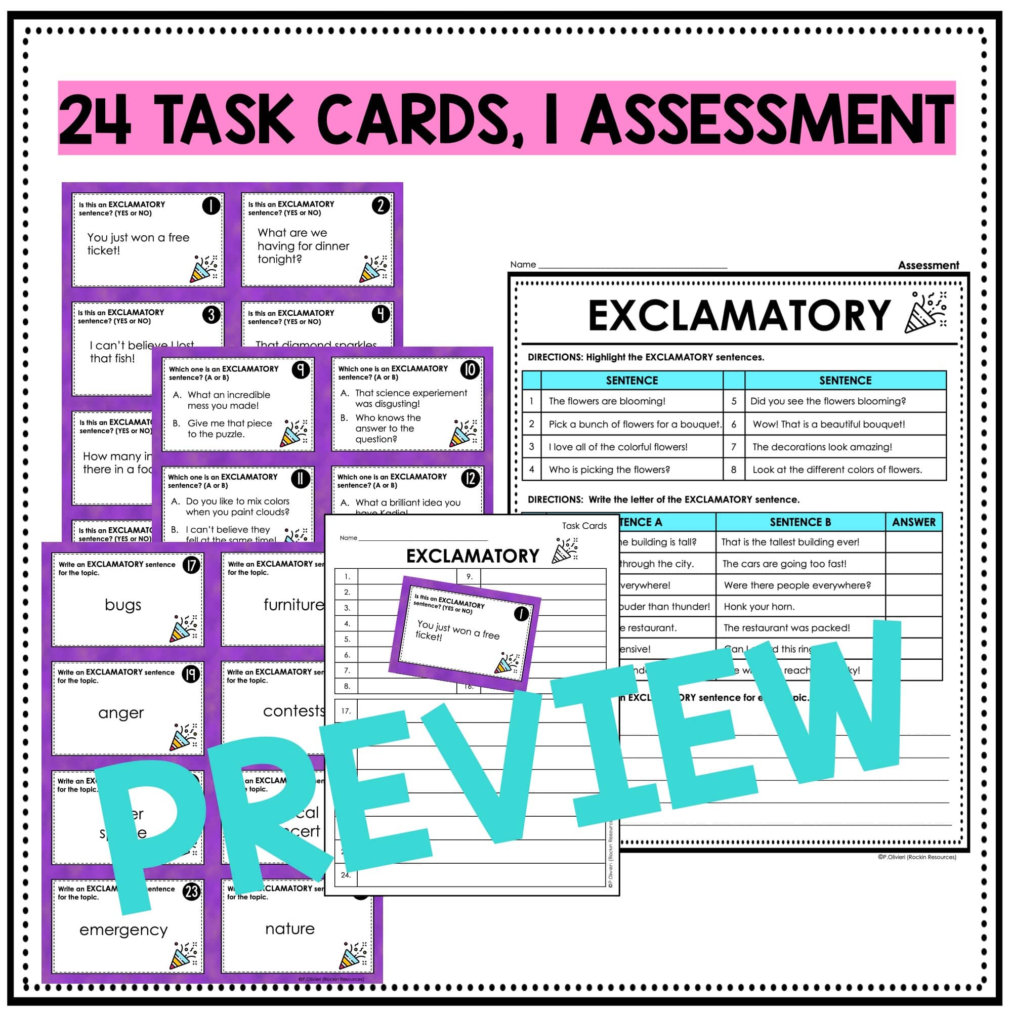 Types of Sentences Task Cards Worksheets Assessment for Exclamatory ...