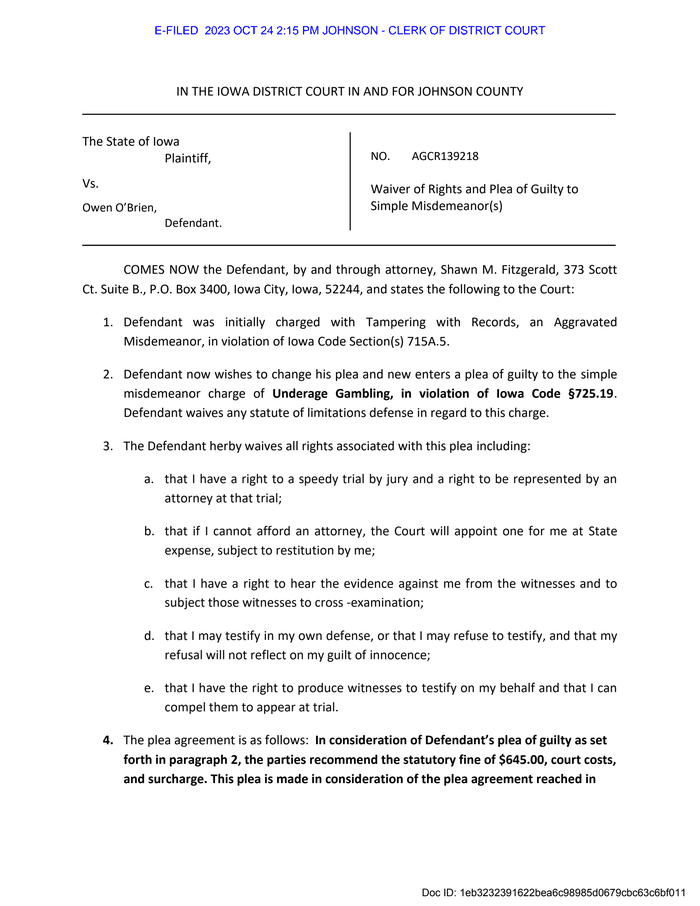 Guilty Plea O Brien Documentcloud
