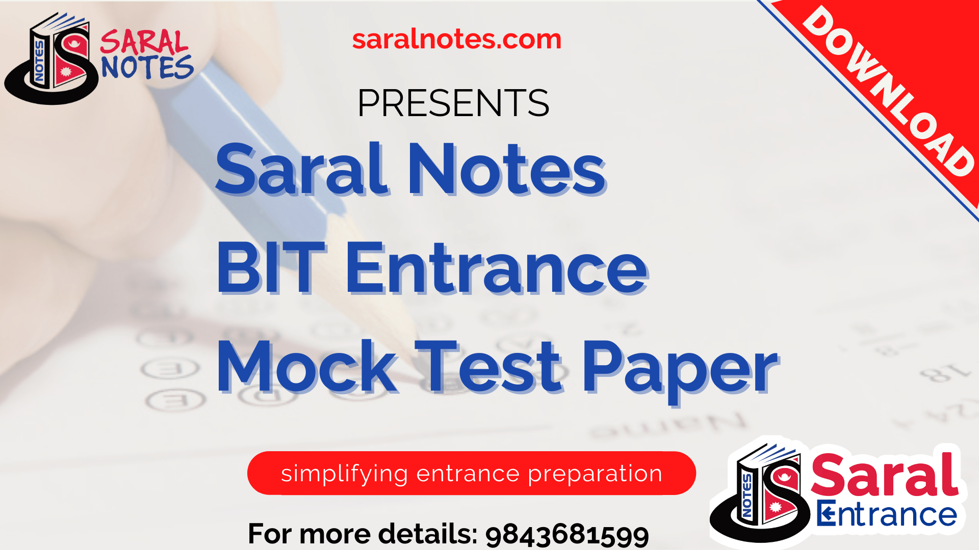 Saral Notes BIT Entrance Preparation Mock Test Paper-2021 – Saral Notes
