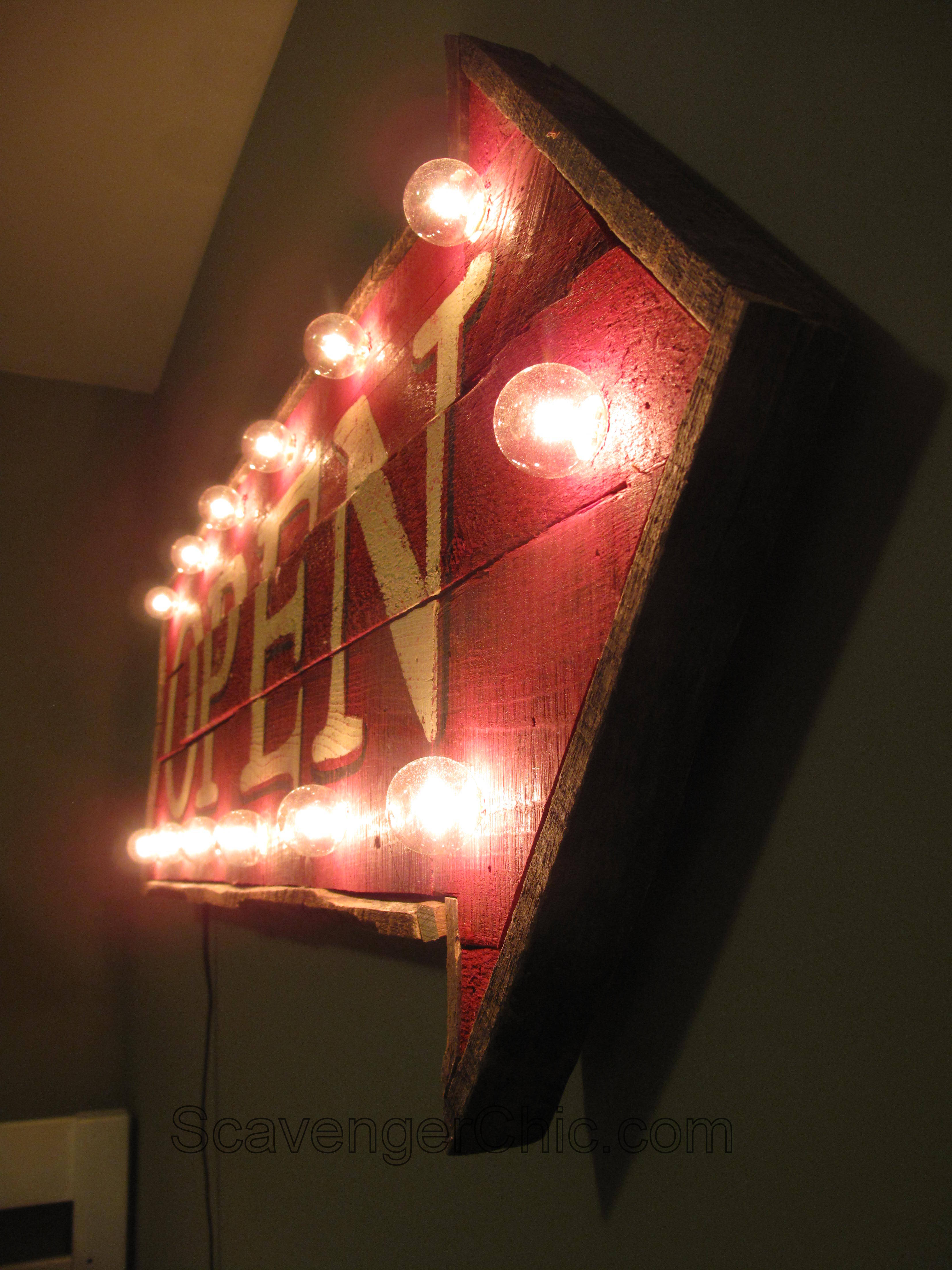 Pallet Wood Open Sign with Lights diy - Scavenger Chic