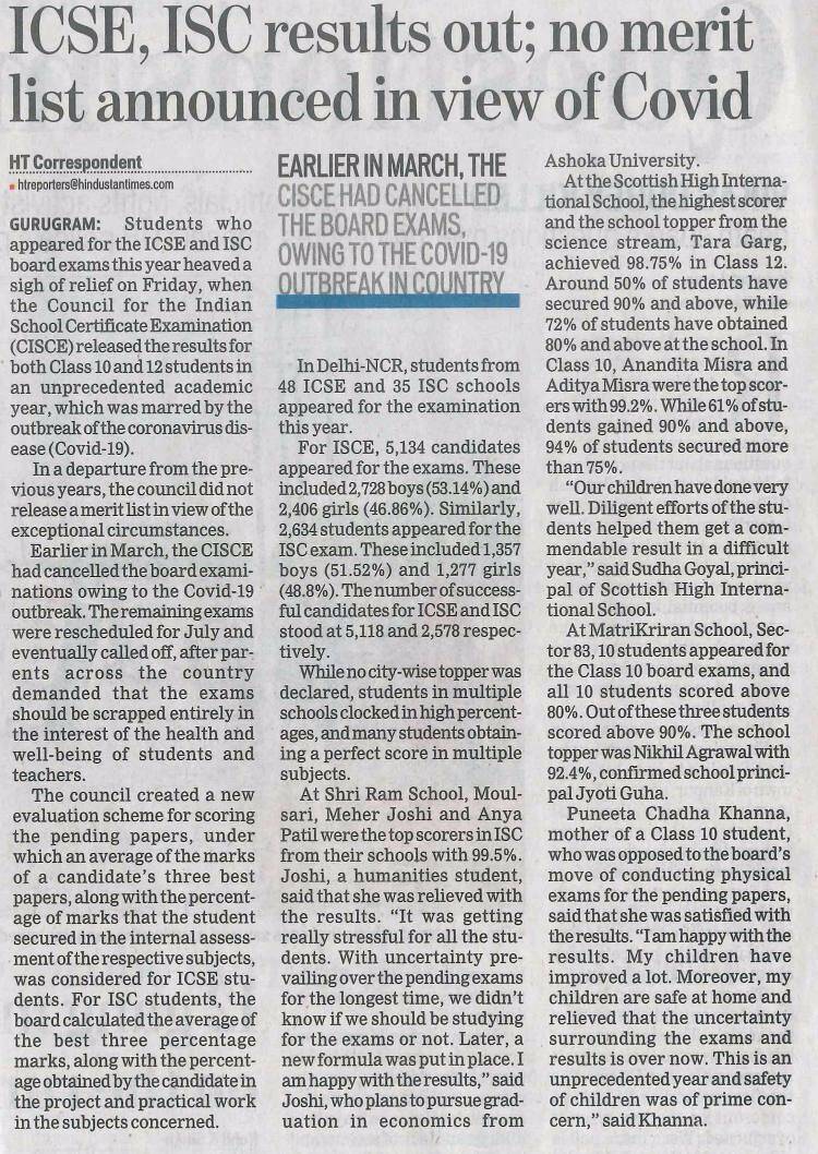 Scottish High hits a perfect score ISC, ICSE result 2020