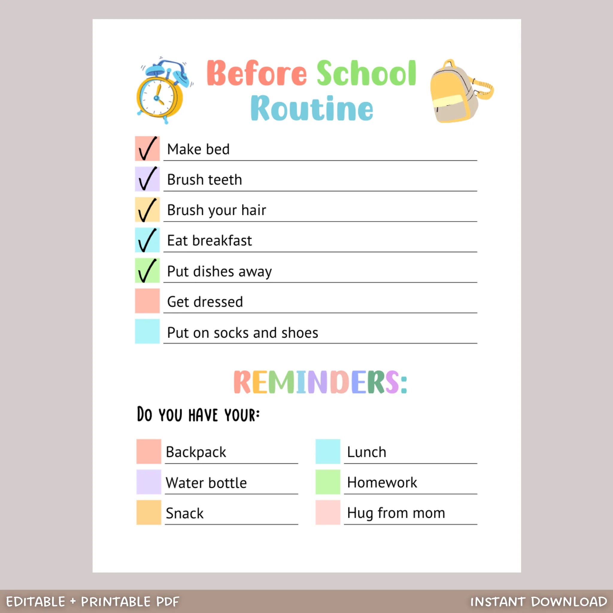 Printable Before School Checklist Editable Morning Reminders For Kids