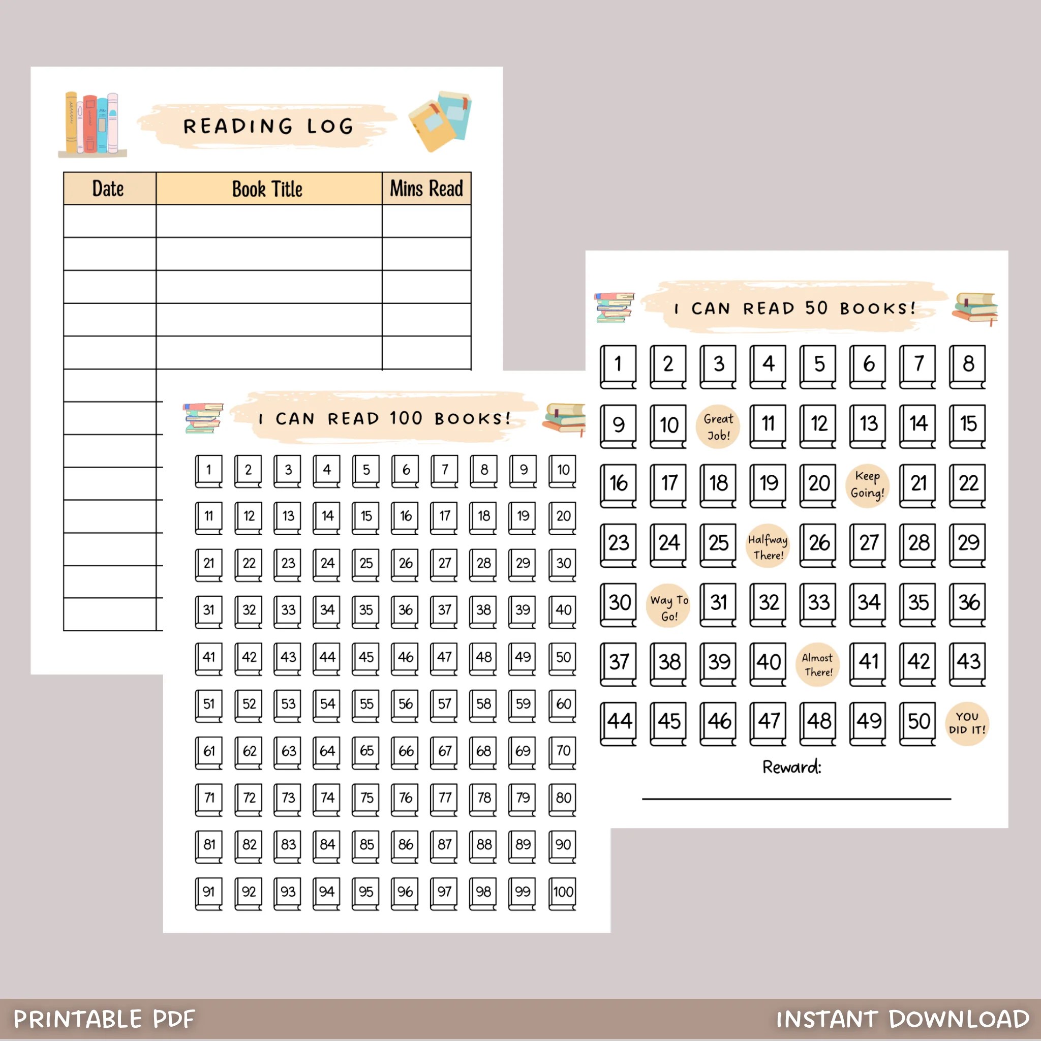 Printable Reading Chart Kids Reading Log Tracker 50 100 Books