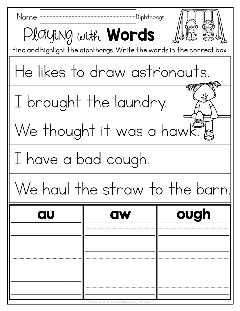 Dipthongs Phonics Word Work Printables - Searching For Silver