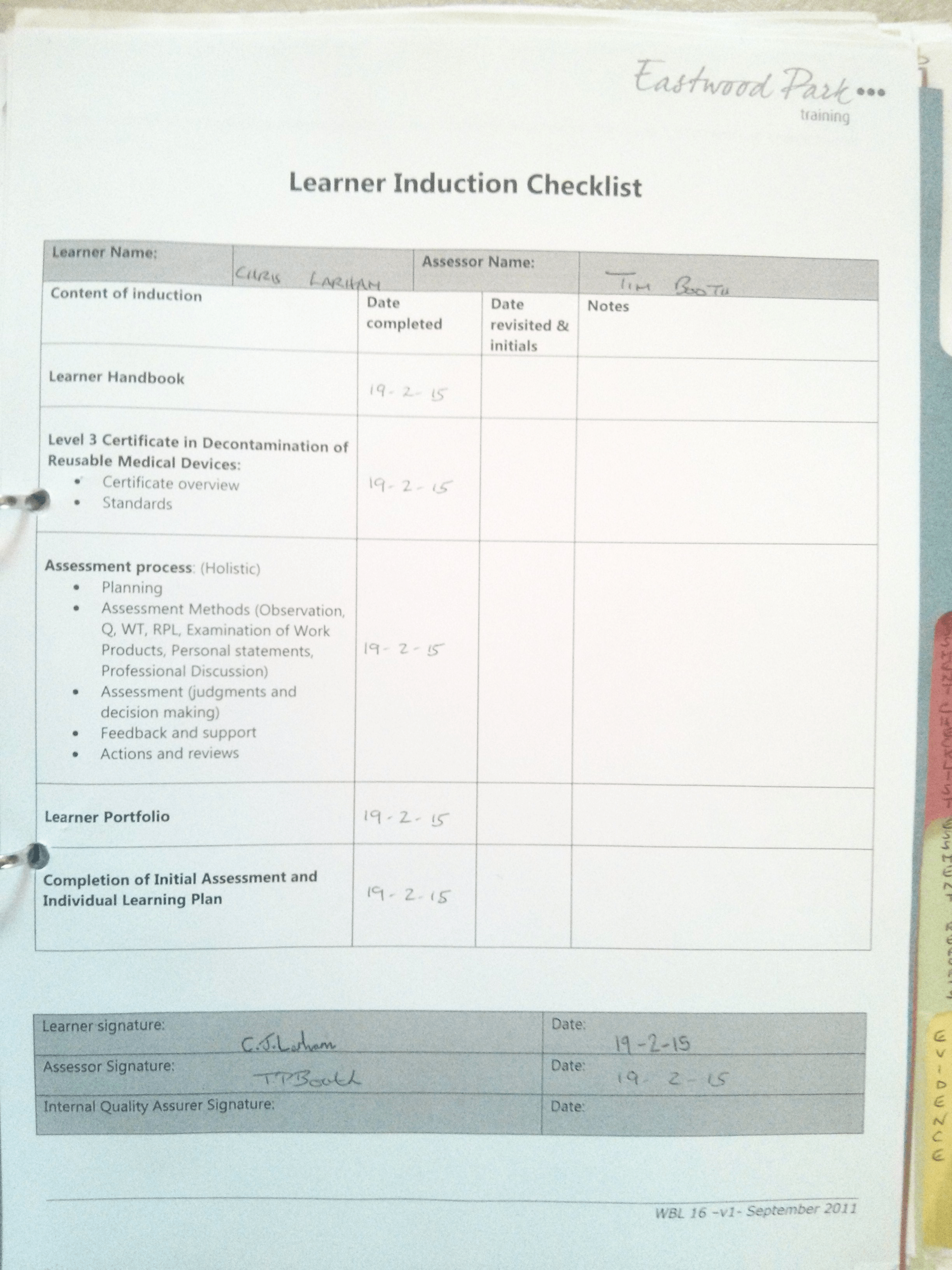 Learner Induction Checklist – Page One [2015] | sharedsapience.info
