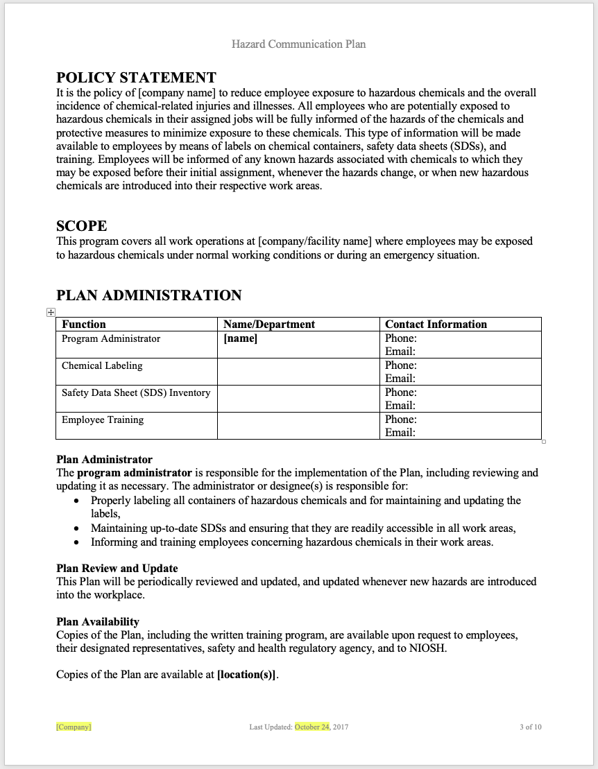Hazard Communication Program Template