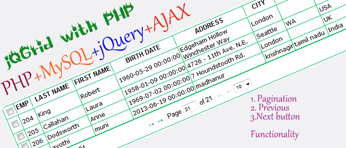 Pagination, Previous, Next, First and Last button using jQGrid, PHP, MySQL, jQuery and Ajax