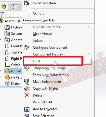How to Fix or Float Component in SolidWorks Assembly Tutorial