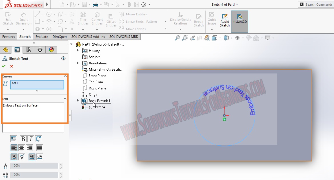 How to Use SolidWorks Emboss Text on Face of Model