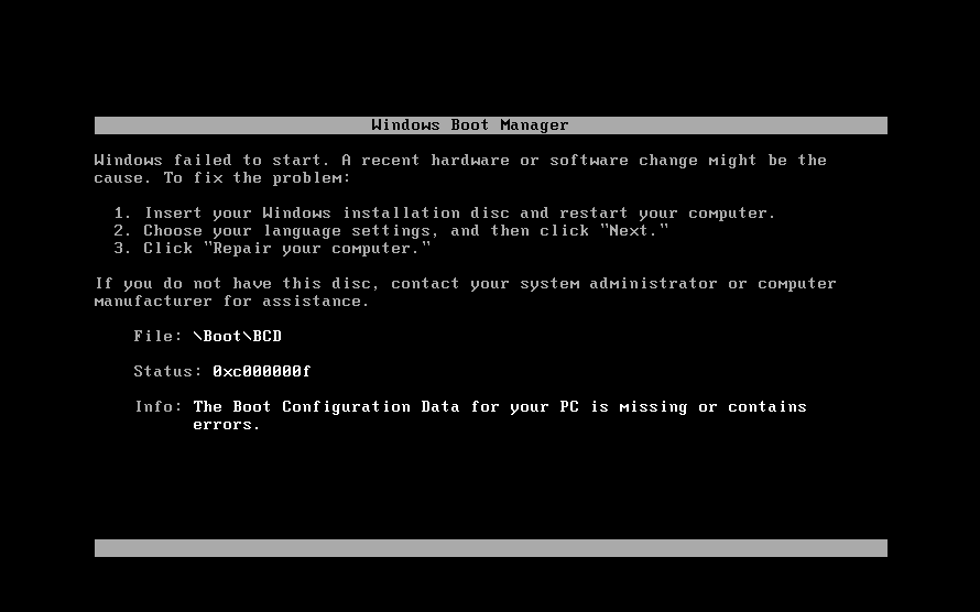 The Boot Configuration Data For Your PC Is Missing Or Contains Errors