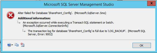 The Transaction Log For Database SharePoint_Config Is Full Due To LOG ...