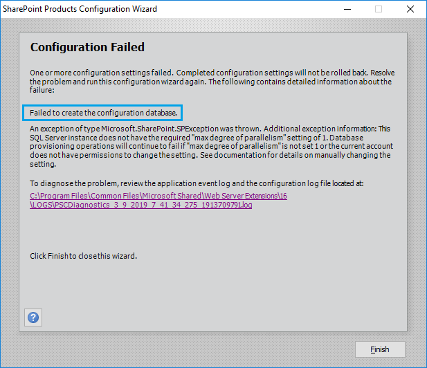 SharePoint 2019: SharePoint Configuration Wizard Failed To Create Configuration Database