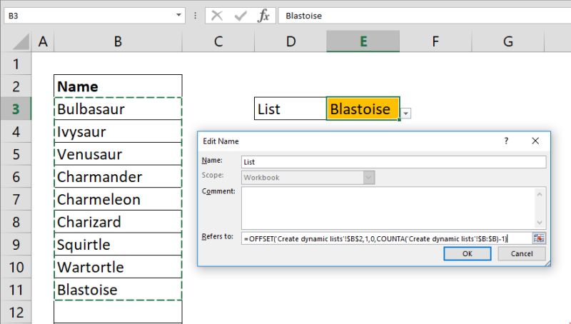 Dynamic Excel drop down list using OFFSET and DCOUNTA formulas