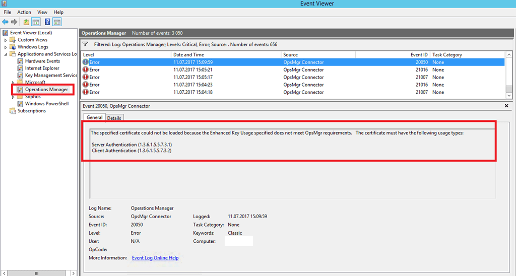 SCOM – Certificate Missing Enhanced Key Usage EventID 20050 ...