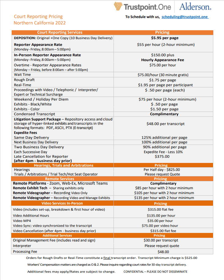CA: Esquire, Trustpoint One, Veritext 2022 Court Reporting Page Rates ...