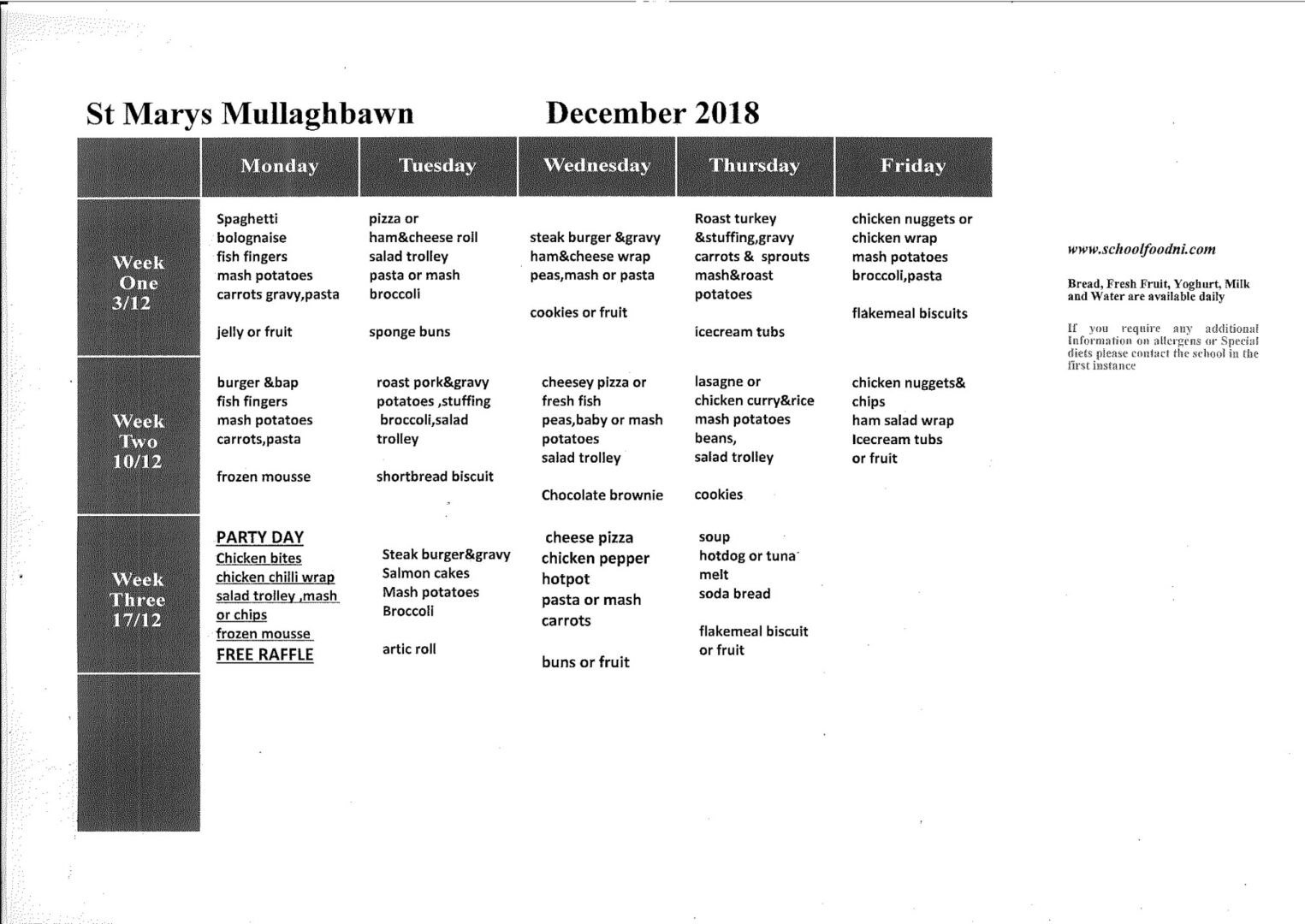 December Menu - St. Mary's Primary School