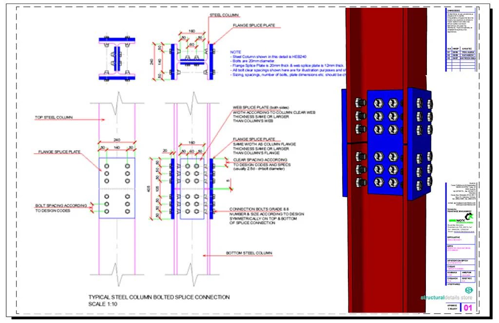 Steel Column Bolted Splice Extension Connection Cad Detail