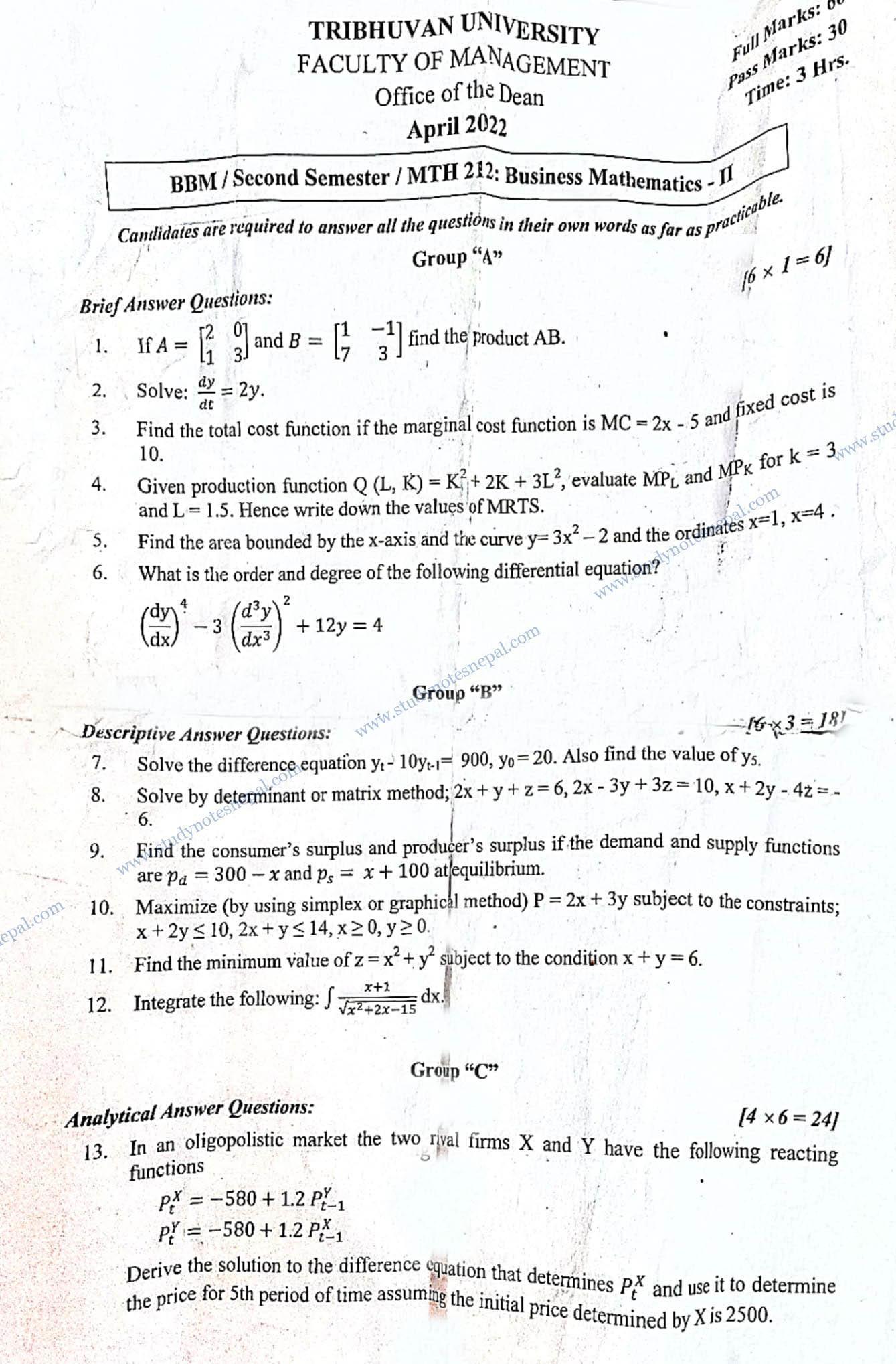 Business Mathematics II | BBM | Question Bank » STUDY NOTES NEPAL