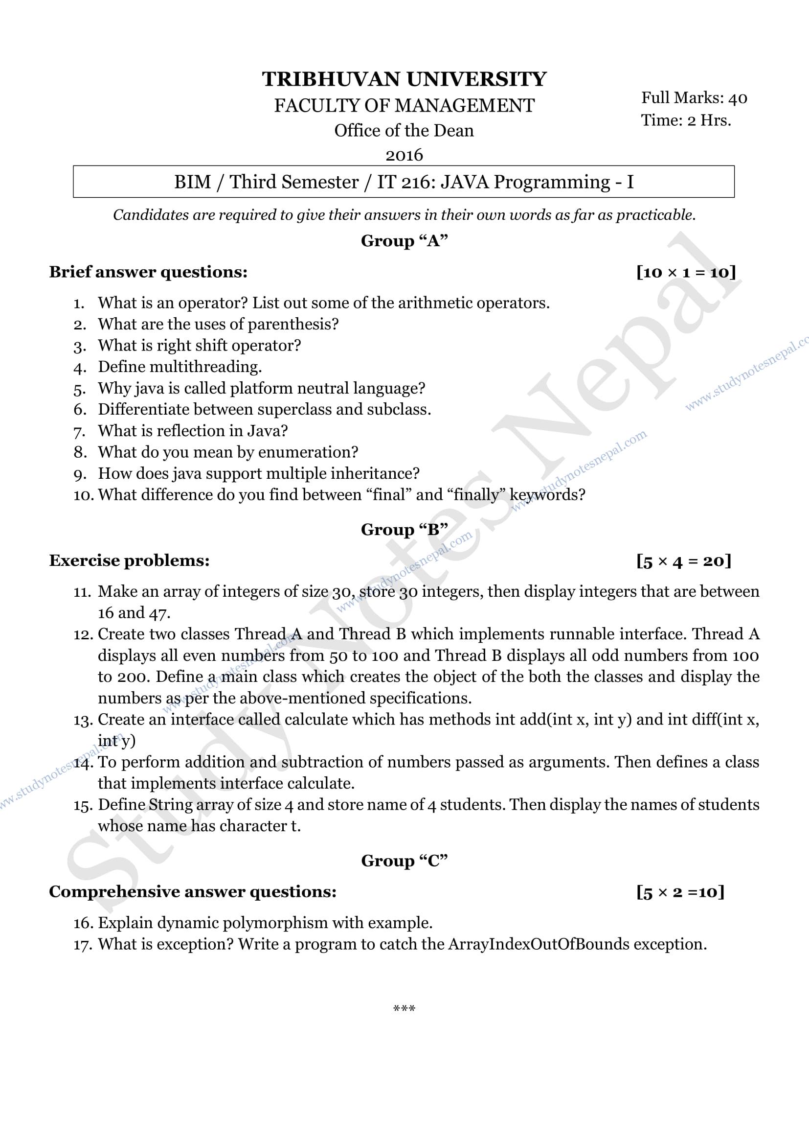 Java Programming I Bim 3rd Semester Question Bank Study Notes Nepal