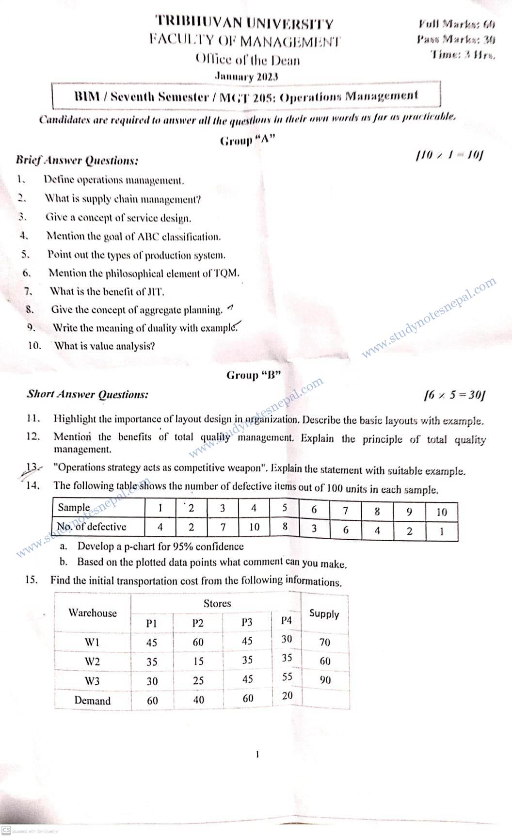 MGT 205: Operations Management | Question Bank | BIM 7th Semester