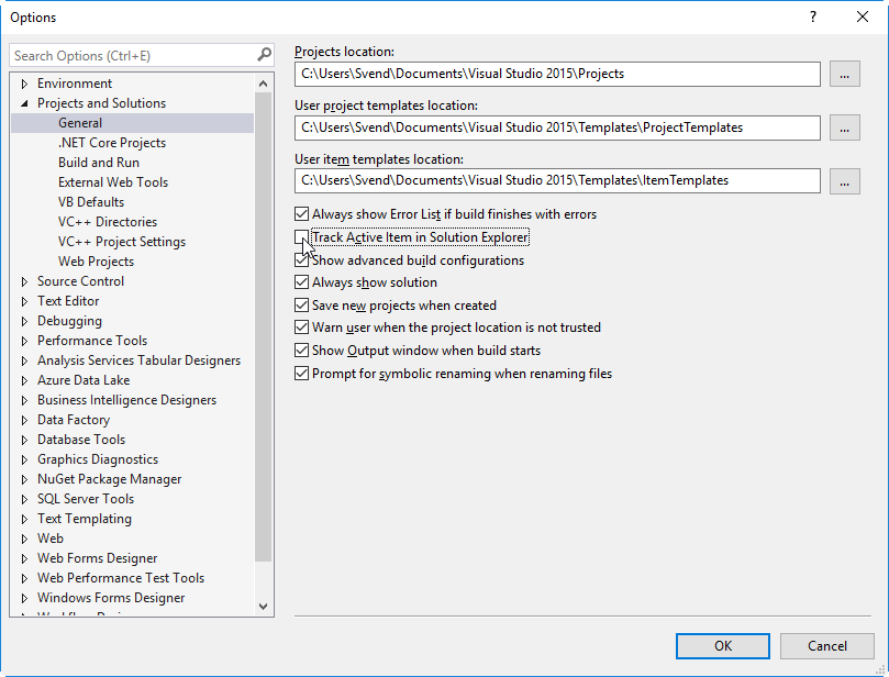 Visual Studio 2015: Mine indstillinger | svendk.dk