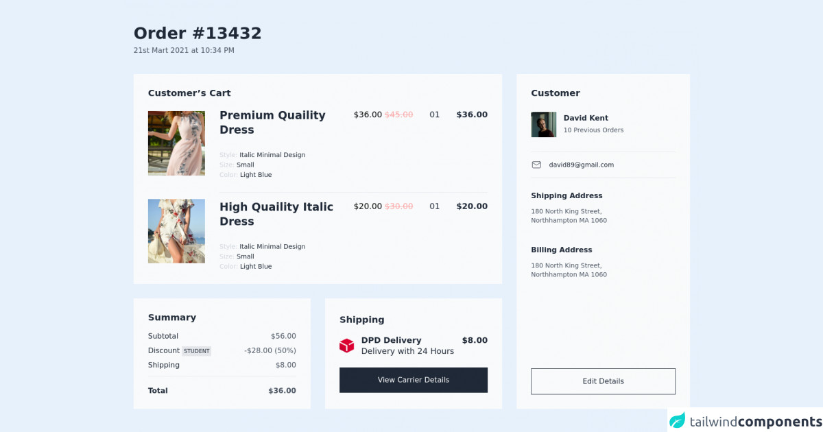 Free Tailwind Css Order Summaries Component By Harrishash