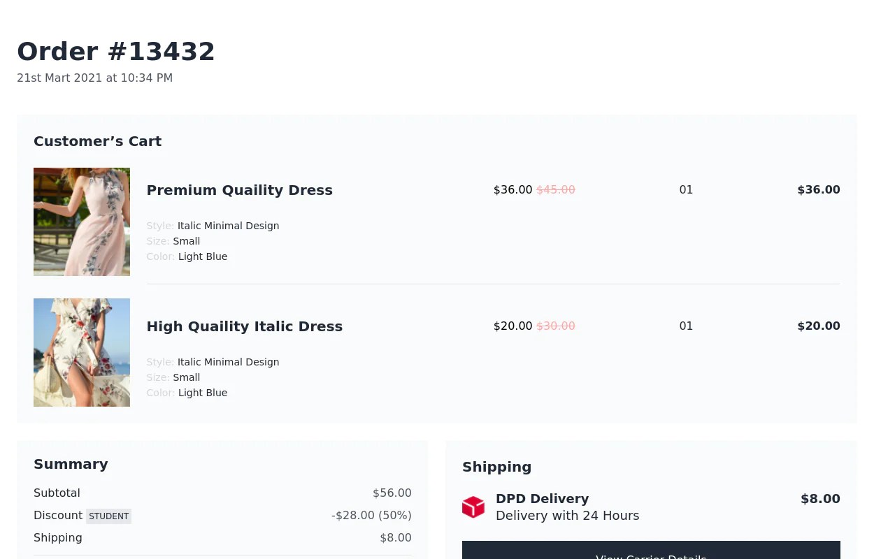 Order Sumamary Tailwind Css Example