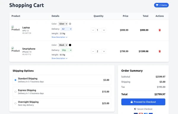 Shopping Cart Tailwind Css Example