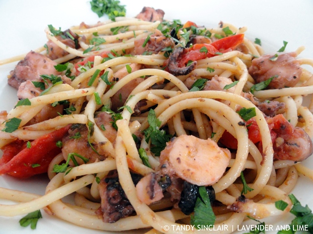 Octopus Spaghetti | Spaghetti Al Polpo - Lavender and Lime