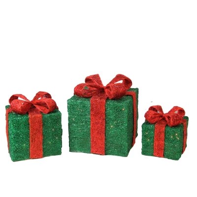 Northlight Set Of 3 Silver Tinsel Lighted Gift Boxes With Red Bows