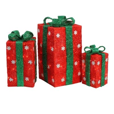 Northlight Set Of 3 Silver Tinsel Lighted Gift Boxes With Red Bows