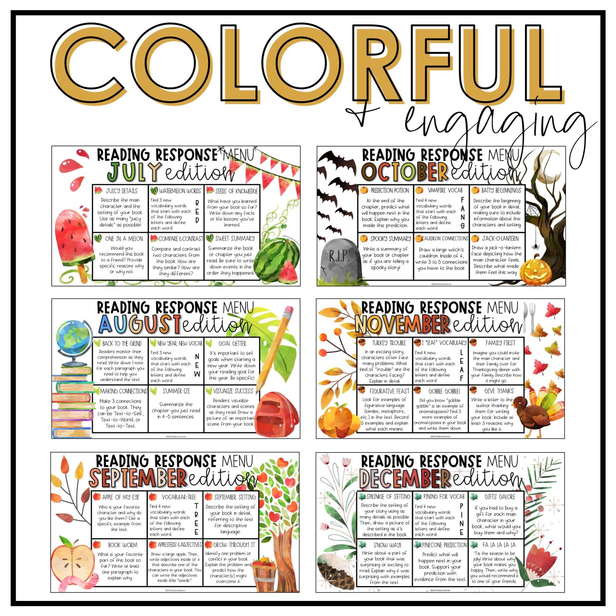 Monthly Reading Response Menus - Teaching In My Right Mind