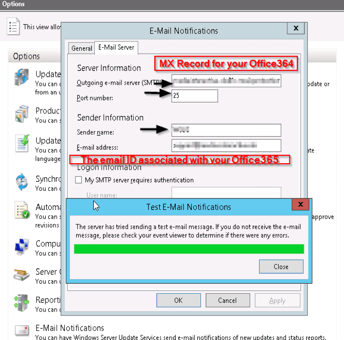 Configure WSUS Email Notification for Office365