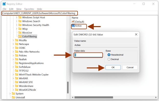 enable or disable color filters in Windows
