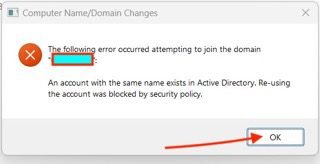An account with the same name exists in Active Directory